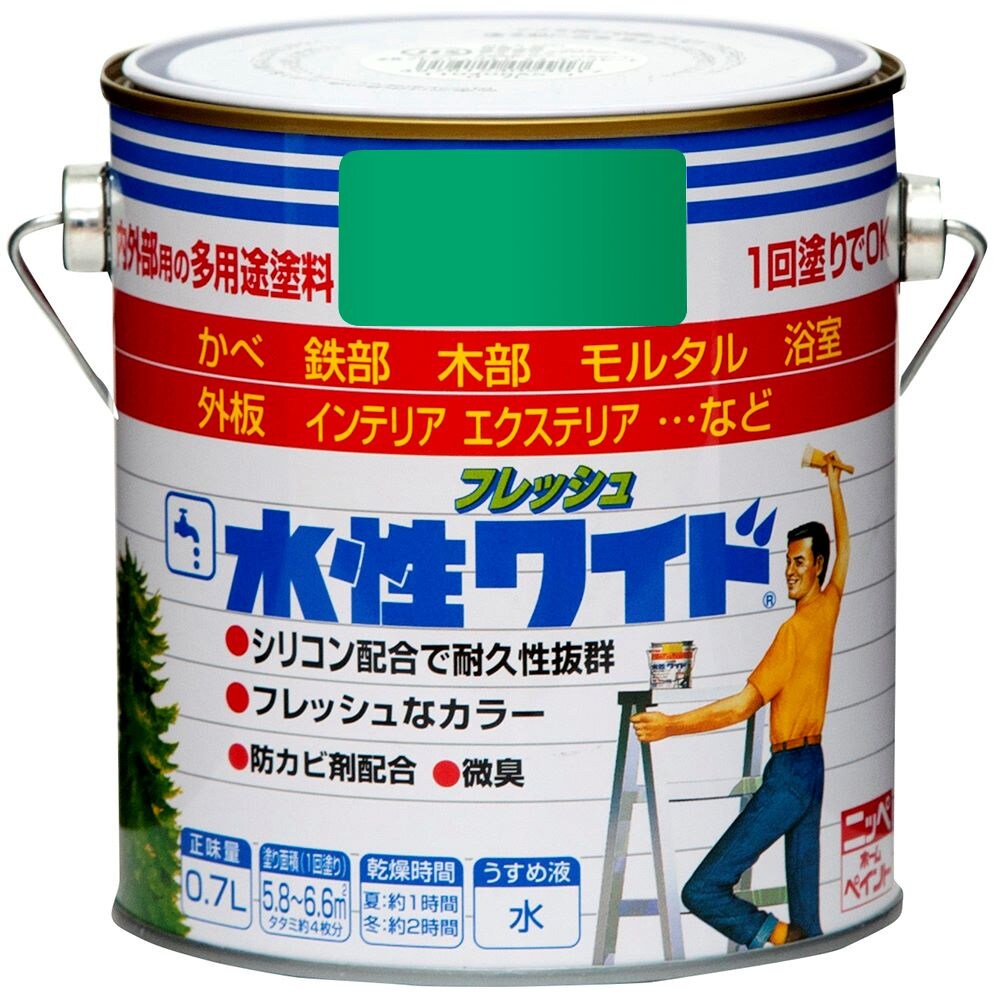 仕様 色:リーフグリーン 容量:0.7L 成分:アクリル・シリコンエマルションペイント・優雅なつや(半つや) 乾燥時間:夏(30℃)約1時間/冬(10℃)約2時間 塗面積:5.8~6.6平方メートル(タタミ約4枚分) 製品サイズ(mm) 幅...