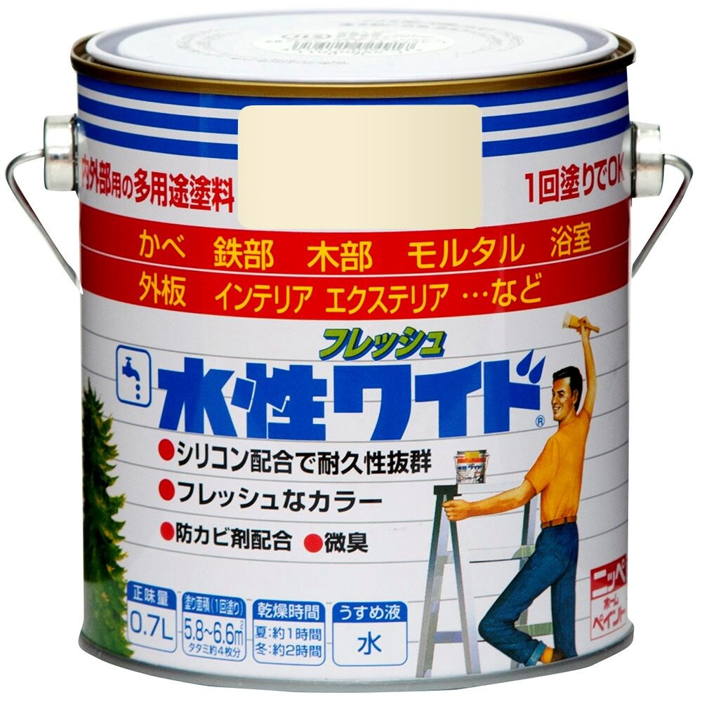 仕様 色:ミルキーホワイト 容量:0.7L 成分:アクリル・シリコンエマルションペイント・優雅なつや(半つや) 乾燥時間:夏(30℃)約1時間/冬(10℃)約2時間 塗面積:5.8~6.6平方メートル(タタミ約4枚分) 製品サイズ(mm) ...