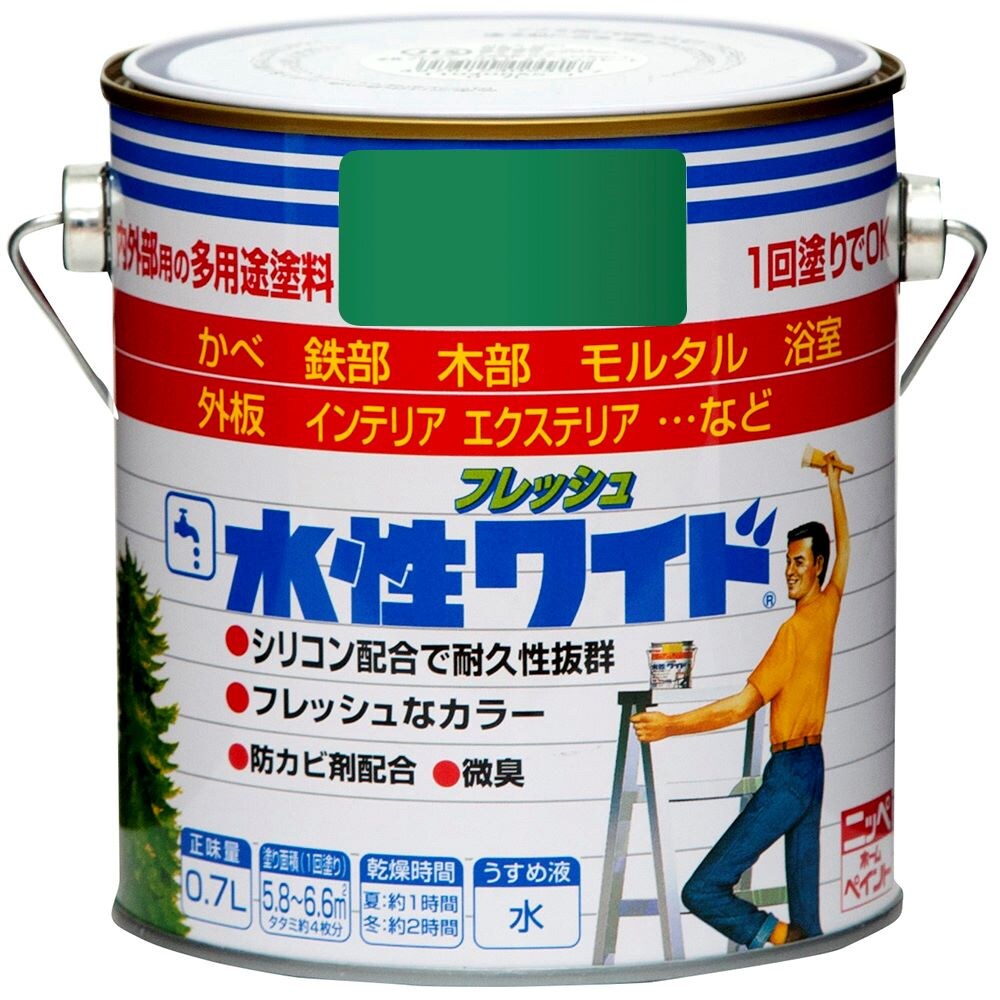 仕様 色:フレッシュグリーン 容量:0.7L 成分:アクリル・シリコンエマルションペイント・優雅なつや(半つや) 乾燥時間:夏(30℃)約1時間/冬(10℃)約2時間 塗面積:5.8~6.6平方メートル(タタミ約4枚分) 製品サイズ(mm)...
