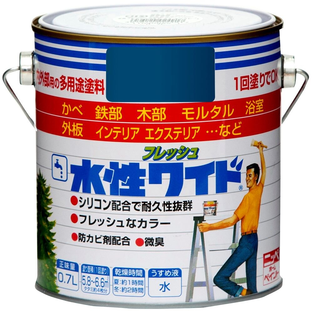 仕様 色:インディゴブルー 容量:0.7L 成分:アクリル・シリコンエマルションペイント・優雅なつや(半つや) 乾燥時間:夏(30℃)約1時間/冬(10℃)約2時間 塗面積:5.8~6.6平方メートル(タタミ約4枚分) 製品サイズ(mm) ...