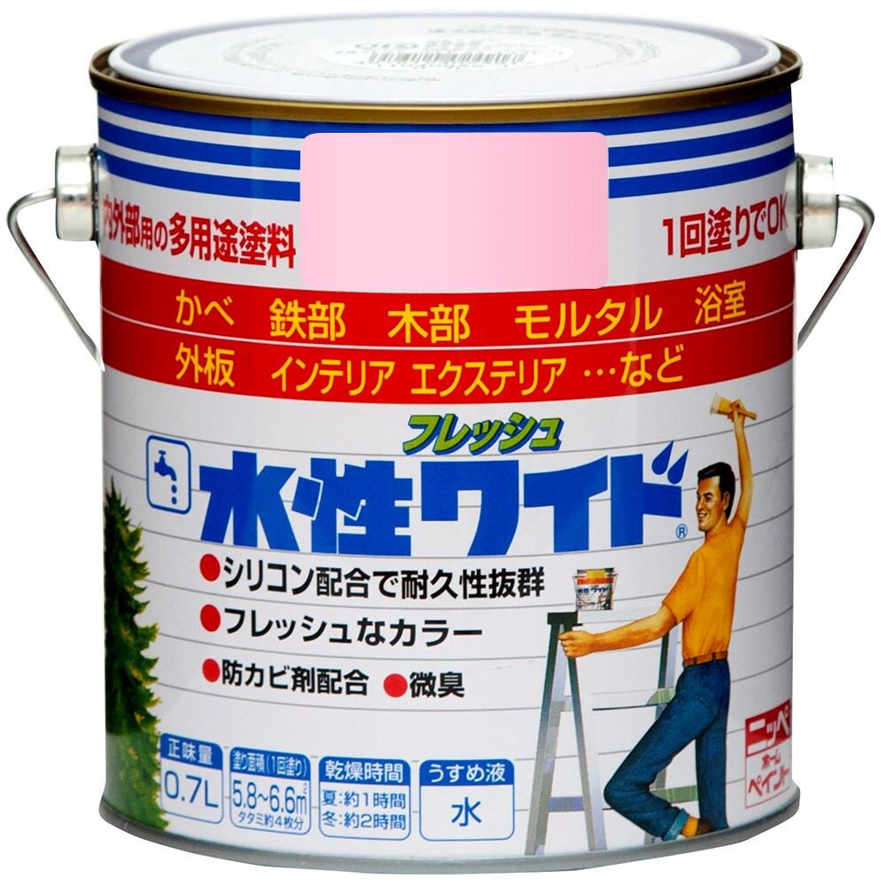 仕様 色:ピンク 容量:0.7L 成分:アクリル・シリコンエマルションペイント・優雅なつや(半つや) 乾燥時間:夏(30℃)約1時間/冬(10℃)約2時間 塗面積:5.8~6.6平方メートル(タタミ約4枚分) 製品サイズ(mm) 幅×奥行×...