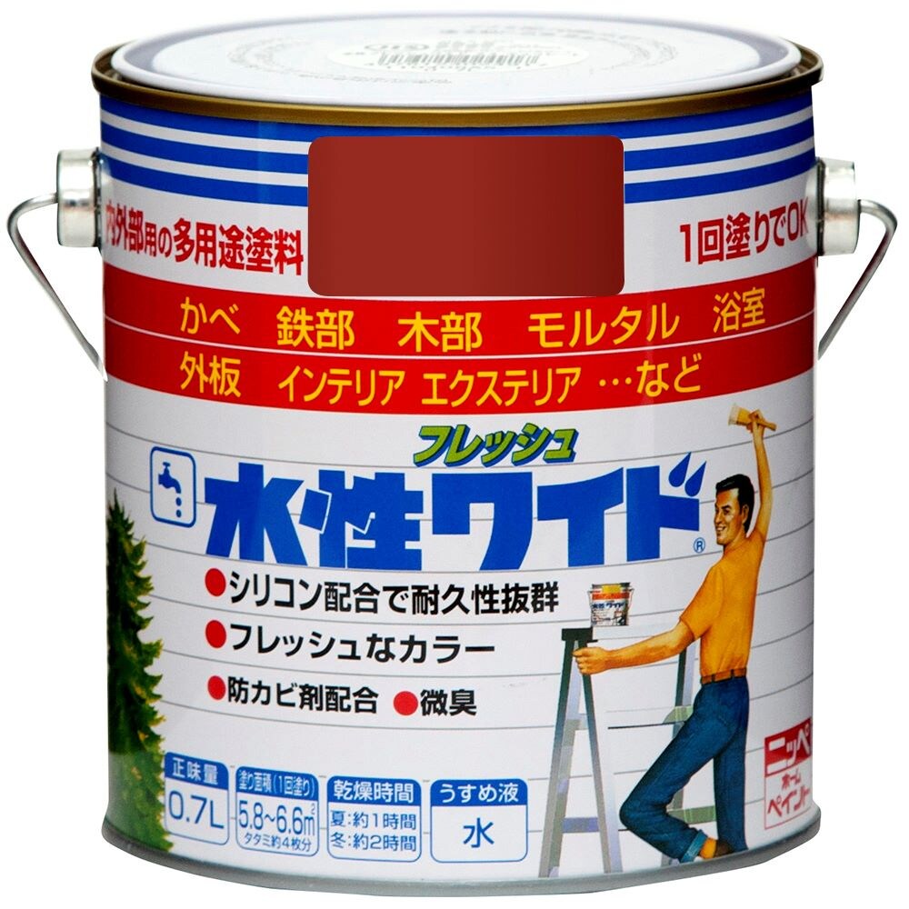 仕様 色:ボルドー 容量:0.7L 成分:アクリル・シリコンエマルションペイント・優雅なつや(半つや) 乾燥時間:夏(30℃)約1時間/冬(10℃)約2時間 塗面積:5.8~6.6平方メートル(タタミ約4枚分) 製品サイズ(mm) 幅×奥行...