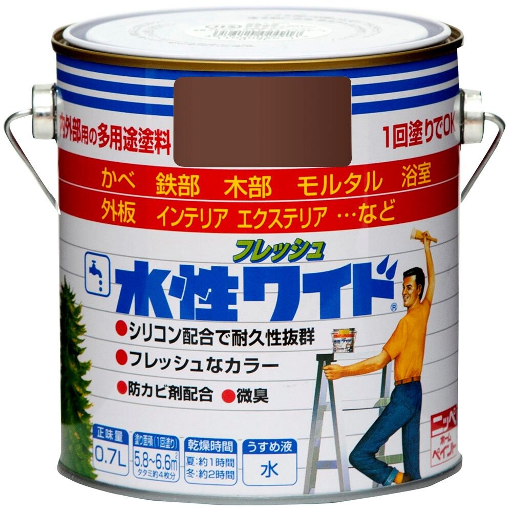 仕様 色:アースブラウン 容量:0.7L 成分:アクリル・シリコンエマルションペイント・優雅なつや(半つや) 乾燥時間:夏(30℃)約1時間/冬(10℃)約2時間 塗面積:5.8~6.6平方メートル(タタミ約4枚分) 製品サイズ(mm) 幅...