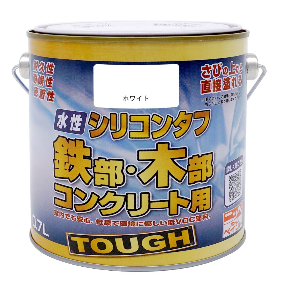 仕様 色:ホワイト 容量:0.7L 乾燥時間:夏(30℃)/約1時間、冬(10℃)/約2時間 塗り面積:5~7平方メートル 商品説明 用途:鉄部・木部・モルタル・コンクリートなど。 シリコンアクリルエマルションつやありペイント。 屋内でも安...
