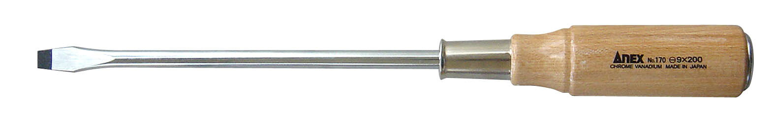 仕様サイズ：-9×200mm刃先厚：1.1mm軸長：200mm軸径：9.0mm全長：349mmグリップ径：34mm 製品サイズ(mm)縦×横×高さ：349×34×34 生産国日本 強力級、曲がらない全鋼全体焼入れ。 ハンマ−で叩ける座金付。...