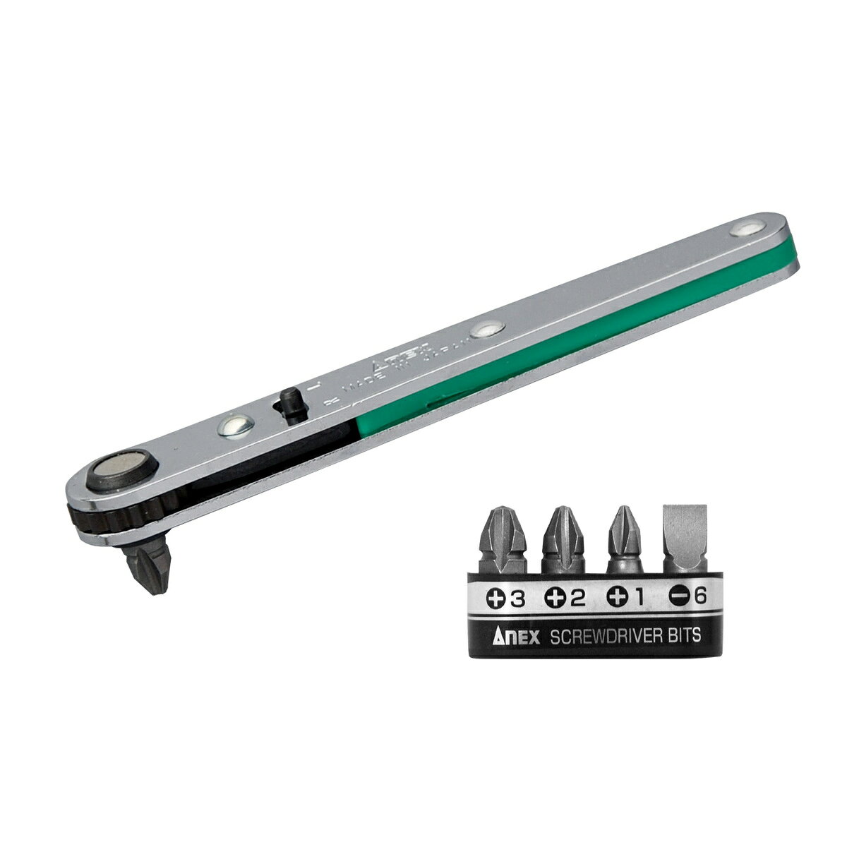 仕様セット内容：オフセットラチェットハンドル、＋1×19、＋3×19、−6×19、ビットホルダ−　各1、＋2×19　2本ハンドル形状：ストレ−トタイプビットチャッキング：マグネット式超短ビット専用ツ−ル本体色：緑包装形態：台紙・ブリスタ−パ...