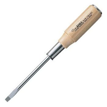 仕様サイズ：-10×250mm刃先厚：1.2mm軸長：250mm軸径：9.0mm全長：399mmグリップ径：34mm 製品サイズ(mm)縦×横×高さ：399×34×34 生産国日本 強力級、曲がらない全鋼全体焼入れ。 ハンマ−で叩ける座金付...