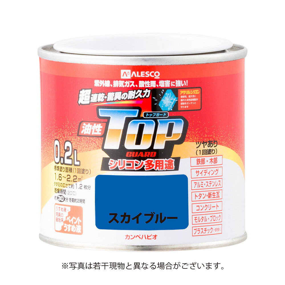 ブランド名 カンペハピオ 商品名 油性トップガード 【0.2L】 ［スカイブルー］ 特長 紫外線、排気ガス、酸性雨、塩害に強い！ ■アクリルシリコン樹脂により紫外線、排気ガス、酸性雨、塩害の 　 汚れに強い強靭な塗膜を形成します。 ■アクリ...
