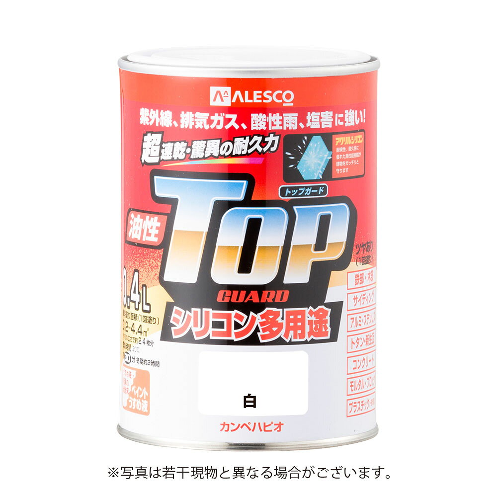 ブランド名 カンペハピオ 商品名 油性トップガード　0.4L　白 特長 紫外線、排気ガス、酸性雨、塩害に強い！ ■アクリルシリコン樹脂により紫外線、排気ガス、酸性雨、塩害の汚れに 　 強い強靭な塗膜を形成します。 ■アクリルシリコン樹脂をベ...