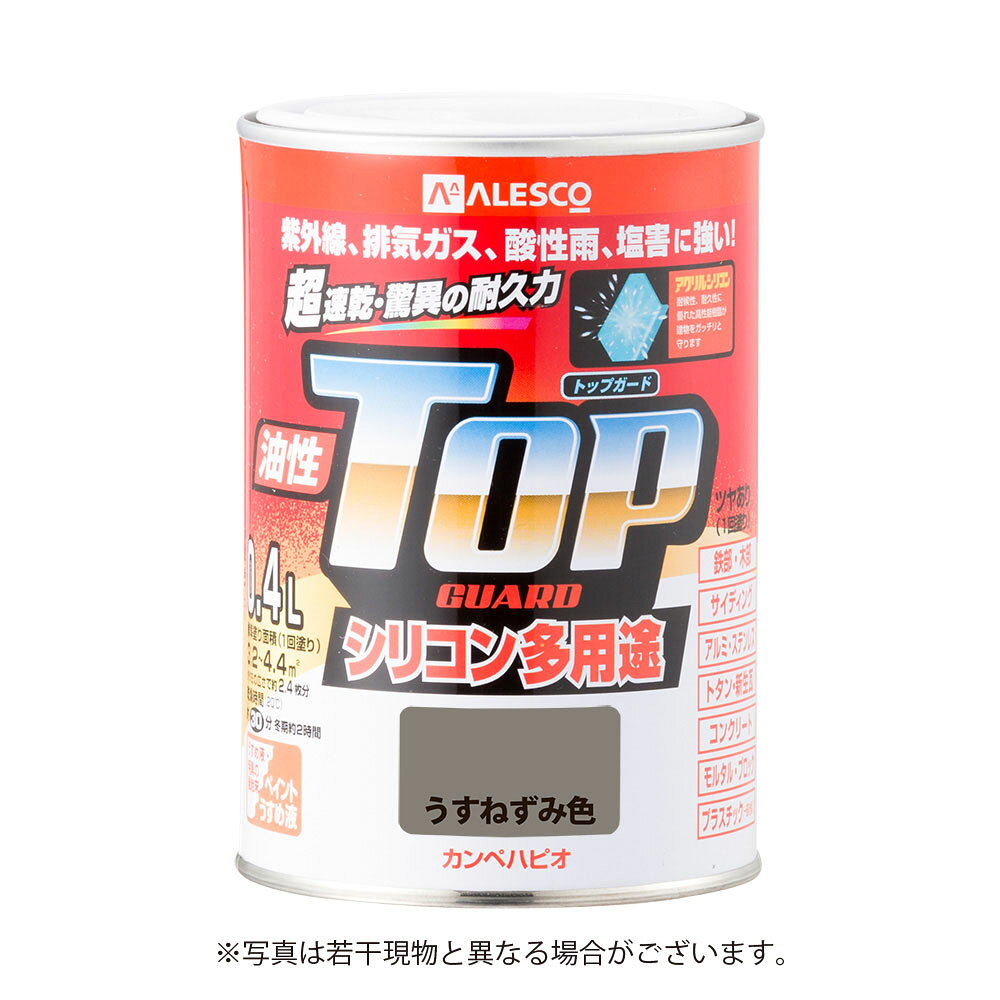 ブランド名 カンペハピオ 商品名 油性トップガード　0.4L　うすねずみ色 特長 紫外線、排気ガス、酸性雨、塩害に強い！ ■アクリルシリコン樹脂により紫外線、排気ガス、酸性雨、塩害の汚れに 　 強い強靭な塗膜を形成します。 ■アクリルシリコ...