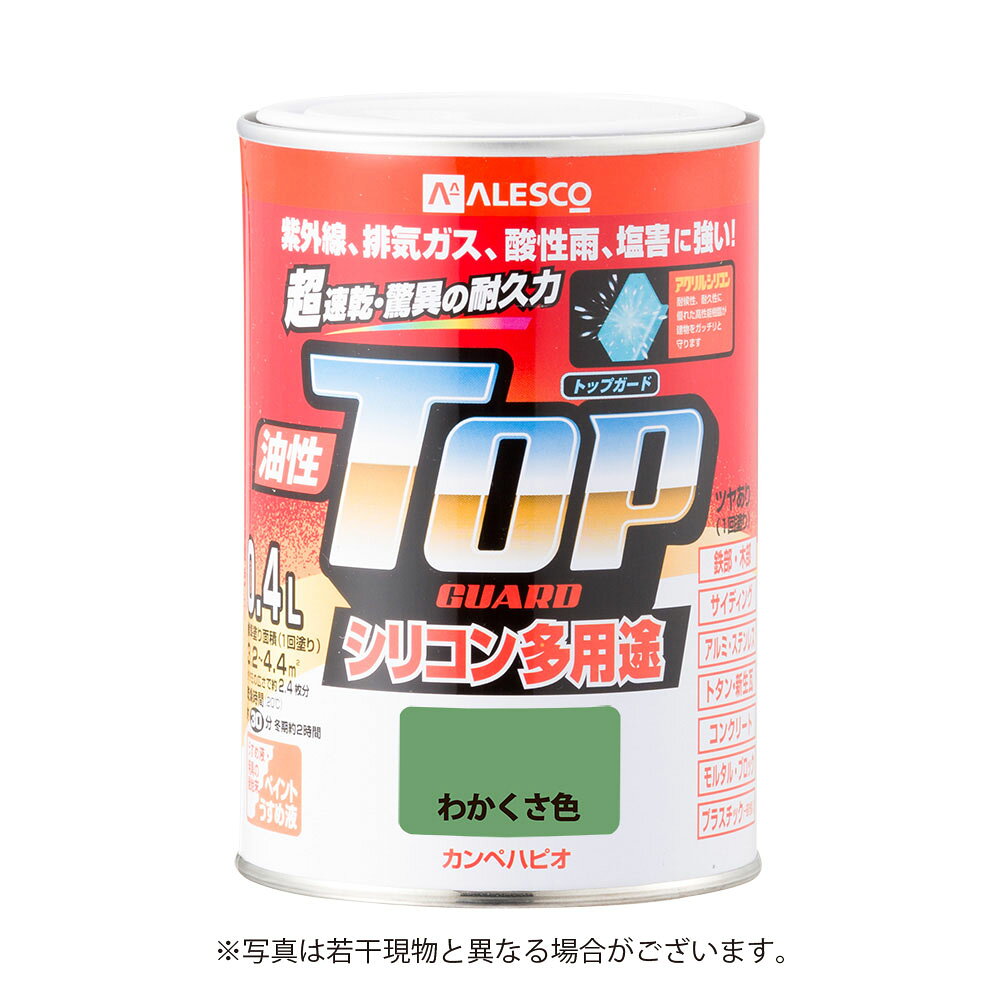 ブランド名 カンペハピオ 商品名 油性トップガード　0.4L　わかくさ色 特長 紫外線、排気ガス、酸性雨、塩害に強い！ ■アクリルシリコン樹脂により紫外線、排気ガス、酸性雨、塩害の汚れに 　 強い強靭な塗膜を形成します。 ■アクリルシリコン...