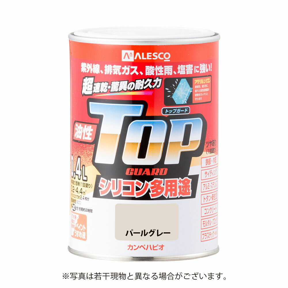 ブランド名 カンペハピオ 商品名 油性トップガード　0.4L　パールグレー 特長 紫外線、排気ガス、酸性雨、塩害に強い！ ■アクリルシリコン樹脂により紫外線、排気ガス、酸性雨、塩害の汚れに 　 強い強靭な塗膜を形成します。 ■アクリルシリコ...