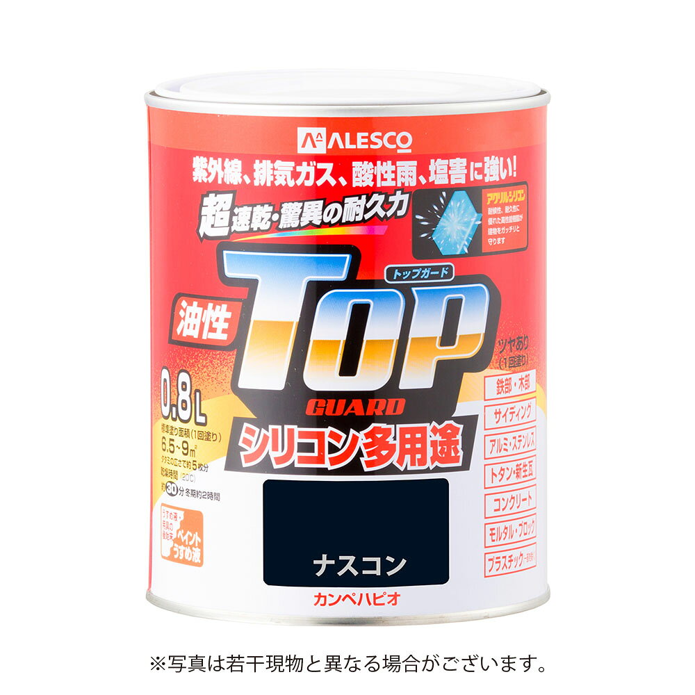 ブランド名 カンペハピオ 商品名 油性トップガード　0.8L　ナスコン 特長 紫外線、排気ガス、酸性雨、塩害に強い！ ■アクリルシリコン樹脂により紫外線、排気ガス、酸性雨、塩害の汚れに 　 強い強靭な塗膜を形成します。 ■アクリルシリコン樹...