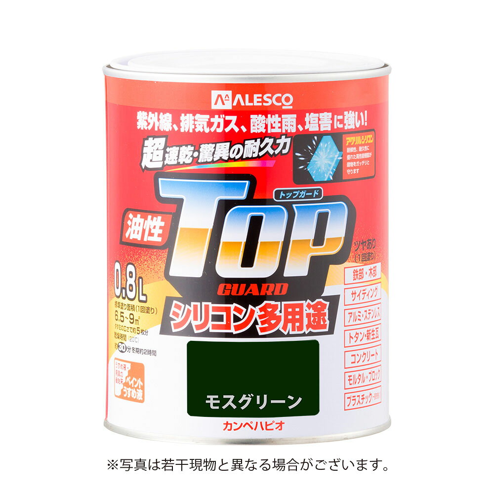 ブランド名 カンペハピオ 商品名 油性トップガード　0.8L　モスグリーン 特長 紫外線、排気ガス、酸性雨、塩害に強い！ ■アクリルシリコン樹脂により紫外線、排気ガス、酸性雨、塩害の汚れに 　 強い強靭な塗膜を形成します。 ■アクリルシリコ...