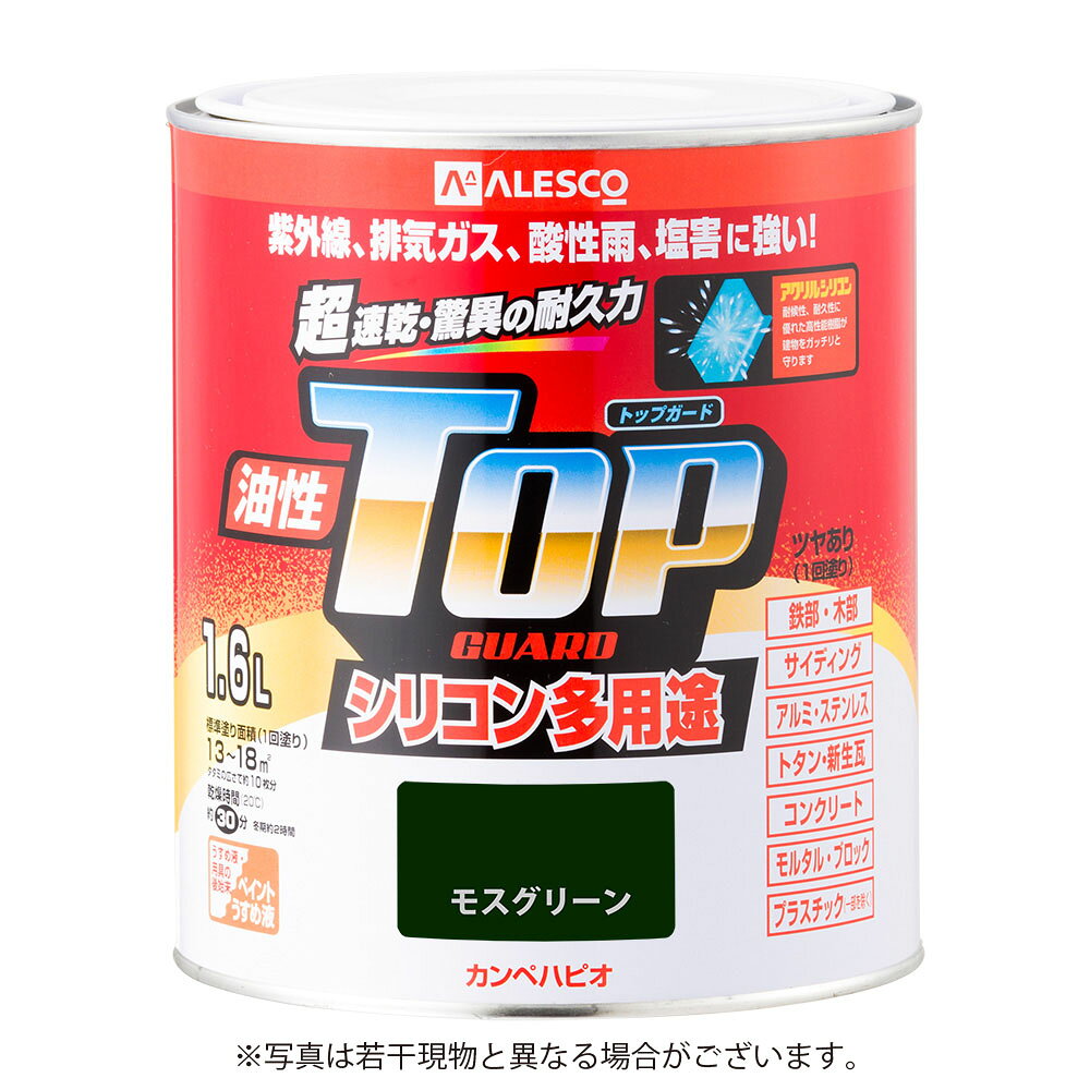 ブランド名 カンペハピオ 商品名 油性トップガード　1.6L　モスグリーン 特長 紫外線、排気ガス、酸性雨、塩害に強い！ ■アクリルシリコン樹脂により紫外線、排気ガス、酸性雨、塩害の汚れに 　 強い強靭な塗膜を形成します。 ■アクリルシリコ...