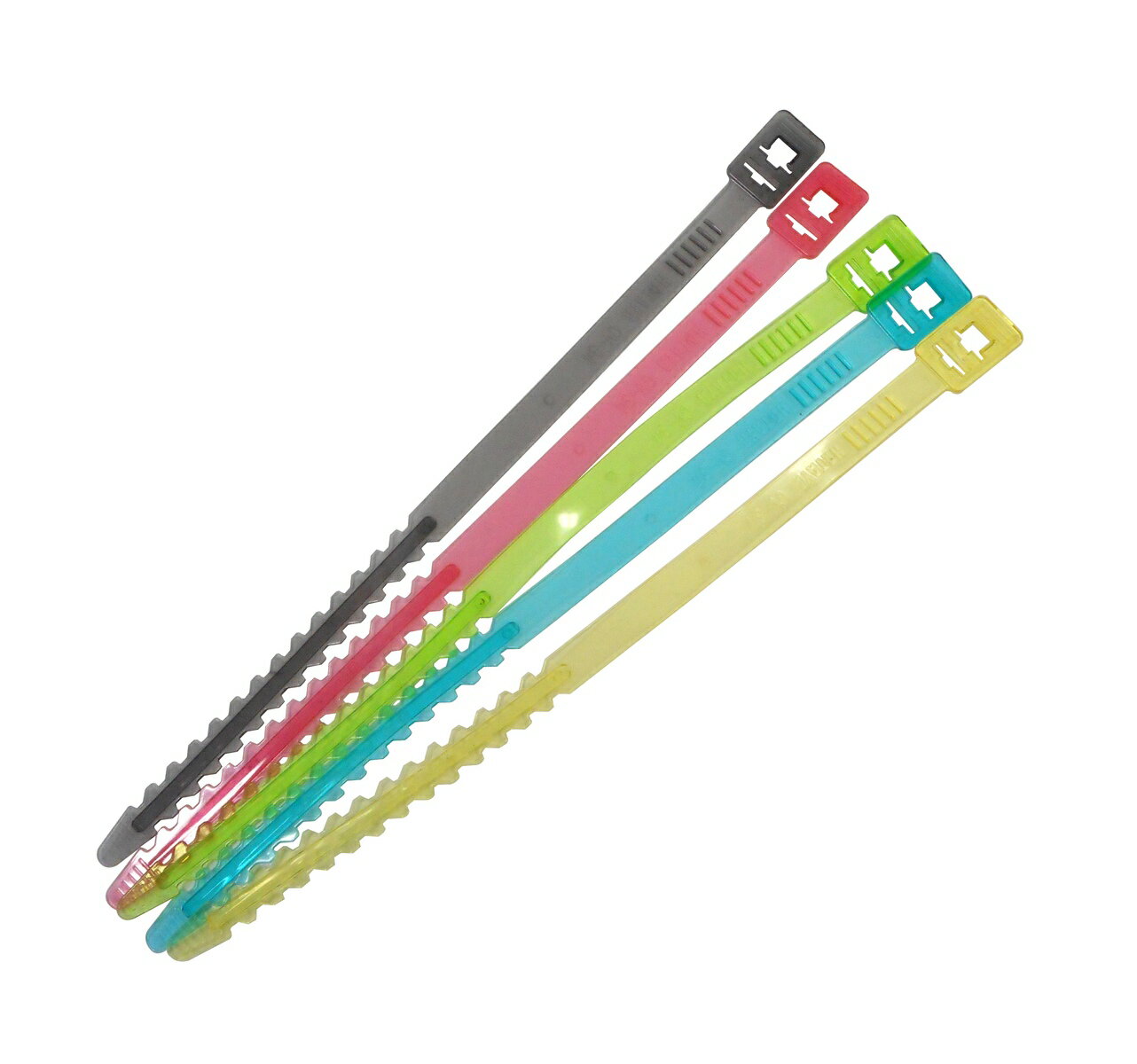 仕様用途：電線などの結束・収納等結束できるコード長の目安：15m〜20m長さ：340mm幅：13.5mm入数：5色1セット（イエロー、ブルー、グリーン、レッド、ブラック各1本） 内容量5本 製品重量(g)10 結束したいコード類を色分けでき...