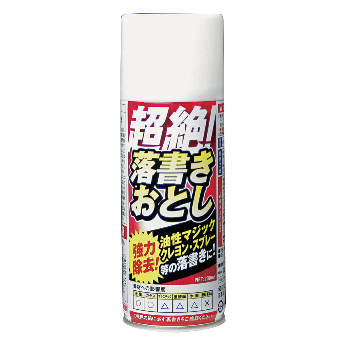 成分エタノール パラフィン系炭化水素 容量200ml 製品サイズ(mm)縦×横×高さ：50×50×57 製品重量(g)212 油性マジック・クレヨン・スプレー等の落書きを強力除去。 塗料・プラスチック・ゴムを溶かします。貴重品、高価格品(車...