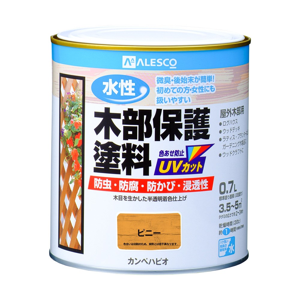 仕様色：ピニー容量：0．7L性質：水性仕上がり：木目を活かした浸透タイプ用途：外部木部保護塗料。ウッドデッキ、ログハウス、パーゴラ、ラティス・プランターなどのガーデニング木製品。羽目板、窓枠、破風、戸袋、板べいなど。乾燥時間：約1時間（気温...