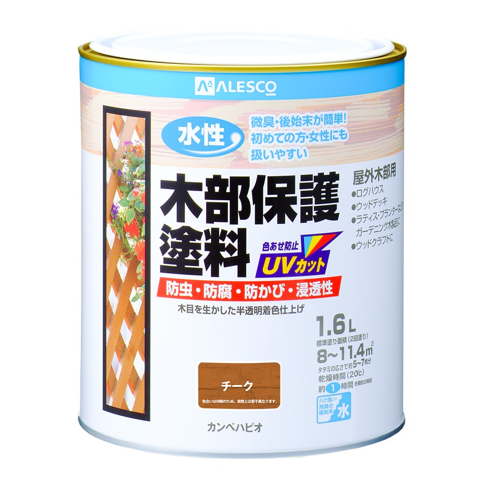 仕様色：チーク容量：1．6L性質：水性仕上がり：木目を活かした浸透タイプ用途：外部木部保護塗料。ウッドデッキ、ログハウス、パーゴラ、ラティス・プランターなどのガーデニング木製品。羽目板、窓枠、破風、戸袋、板べいなど。乾燥時間：約1時間（気温...