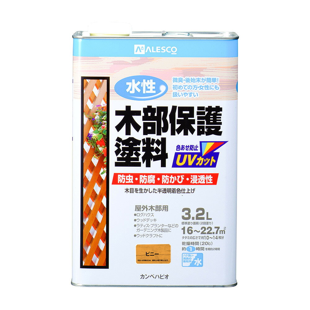 仕様色：ピニー容量：3．2L性質：水性仕上がり：木目を活かした浸透タイプ用途：外部木部保護塗料。ウッドデッキ、ログハウス、パーゴラ、ラティス・プランターなどのガーデニング木製品。羽目板、窓枠、破風、戸袋、板べいなど。乾燥時間：約1時間（気温...