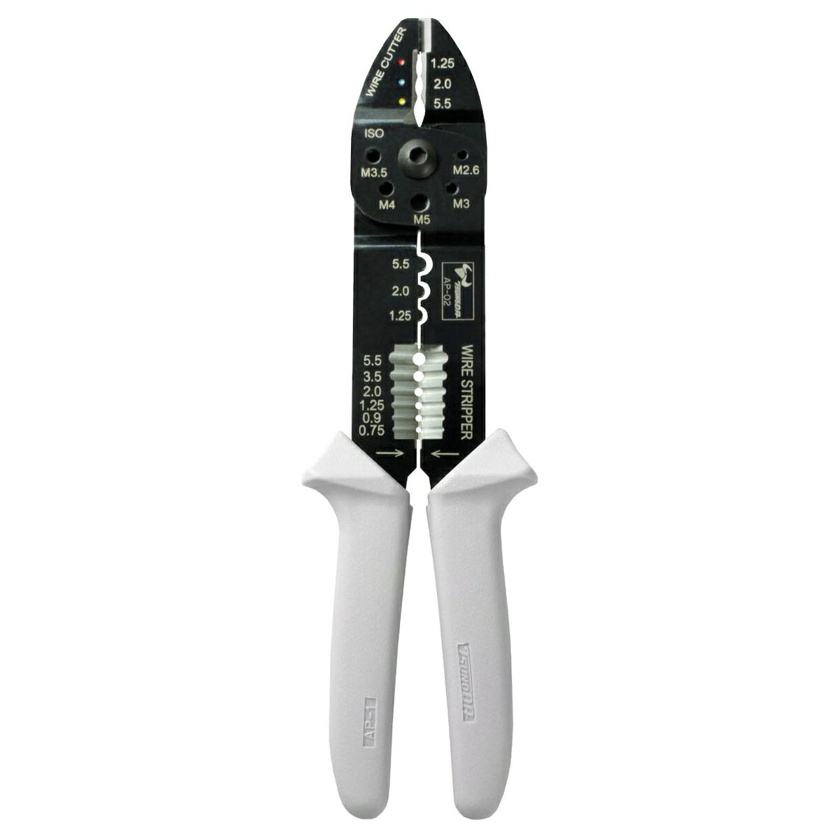 用途配線工事に 機能絶縁端子圧着:1.25/2.0/5.5mm2 裸端子圧着:1.25/2.0/5.5mm2 ワイヤーカッター:より線5.5mm2/銅線φ2.0mm/軟鋼線φ1.2mm等 ボルトカッター:M2.6/3/3.5/4/5 ワイヤ...