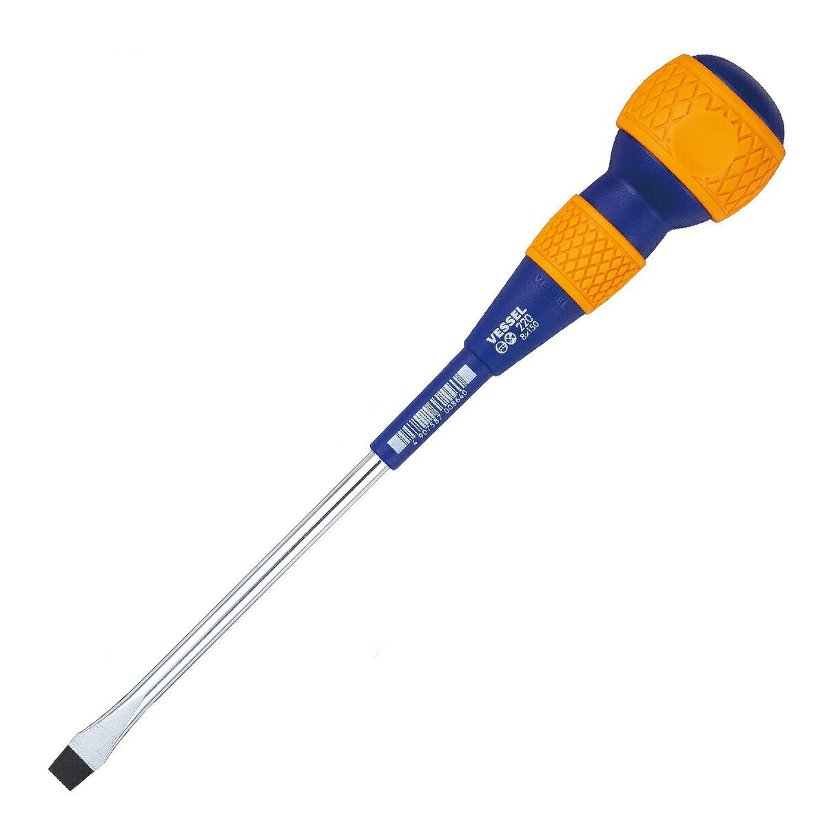 仕様 用途:ねじの締め付け・緩めに 軸長:150mm 刃先:-8 マグネット入り 全身焼入 製品サイズ(mm) 縦×横×高さ:250×39×38 製品重量(g) 109 商品説明 ボールグリップドライバーです。 刃先は高精度ブラックポイント...