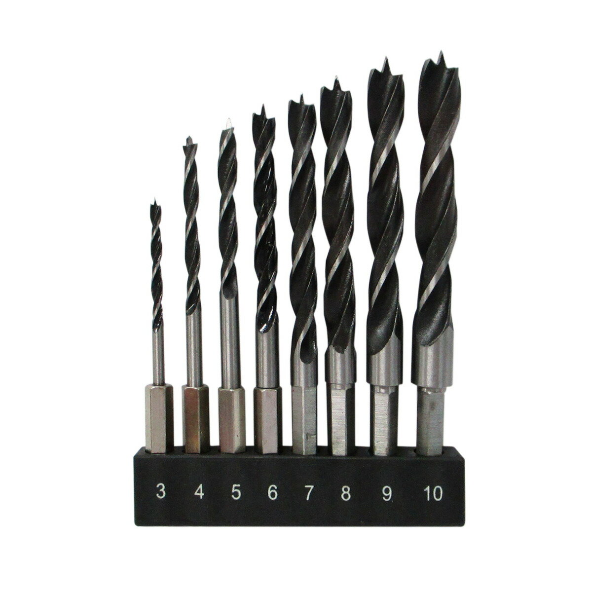 仕様 用途:貫通穴、止め穴作業の際に 入数:8本入り セット内容:3.0mm、4.0mm、5.0mm、6.0mm、7.0mm、8.0mm、9.0mm、10.0mm(各1本) 軸径:H6.35mm ドリル刃硬度:HRC42~48度 インパクト...