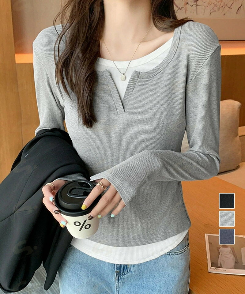 ■商品の特徴レディース 重ね着風 カットソー 大人カジュアル 細見えTシャツ シンプル ストレッチフィット インナートップスおしゃれスリットネックが程よい抜け感を演出する、レイヤード風スリムtシャツ。 デコルテをきれいに見せるネックラインが...