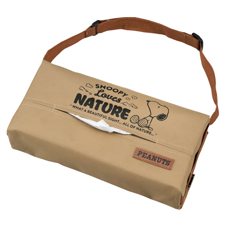 商品仕様スヌーピーのアートと「SNOOPY Loves NATURE」のロゴをプリントしたティッシュカバー。 【サイズ】 本体：約25×12×8cm パッケージ：約W150×H32×D1cm 【素材】表地：ポリエステル(裏面：PVCコーティ...
