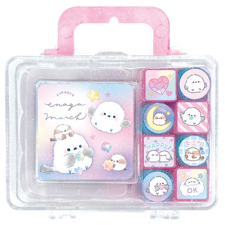 商品仕様【サイズ】 本体：約H56×W70×D38mm パッケージ：約H120×W135×D39mm 【素材】PS、ゴム、EVA、ABS 【重量】約56g 【内容】スタンプ：8柄 各1個/インクパッド：1個/ケース1個 【生産国】中国特記事...