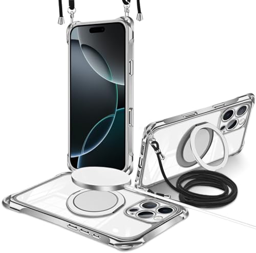 ■商品説明■ iPhone 16 Pro ケース クリア 縦横両対応 360°回転スタンド リング マグネット搭載 MagSafe対応 ワイヤレス充電対応 iPhone16 pro ケース 肩掛け 斜めかけ 縄掛けケース 透明 tpu メッ...