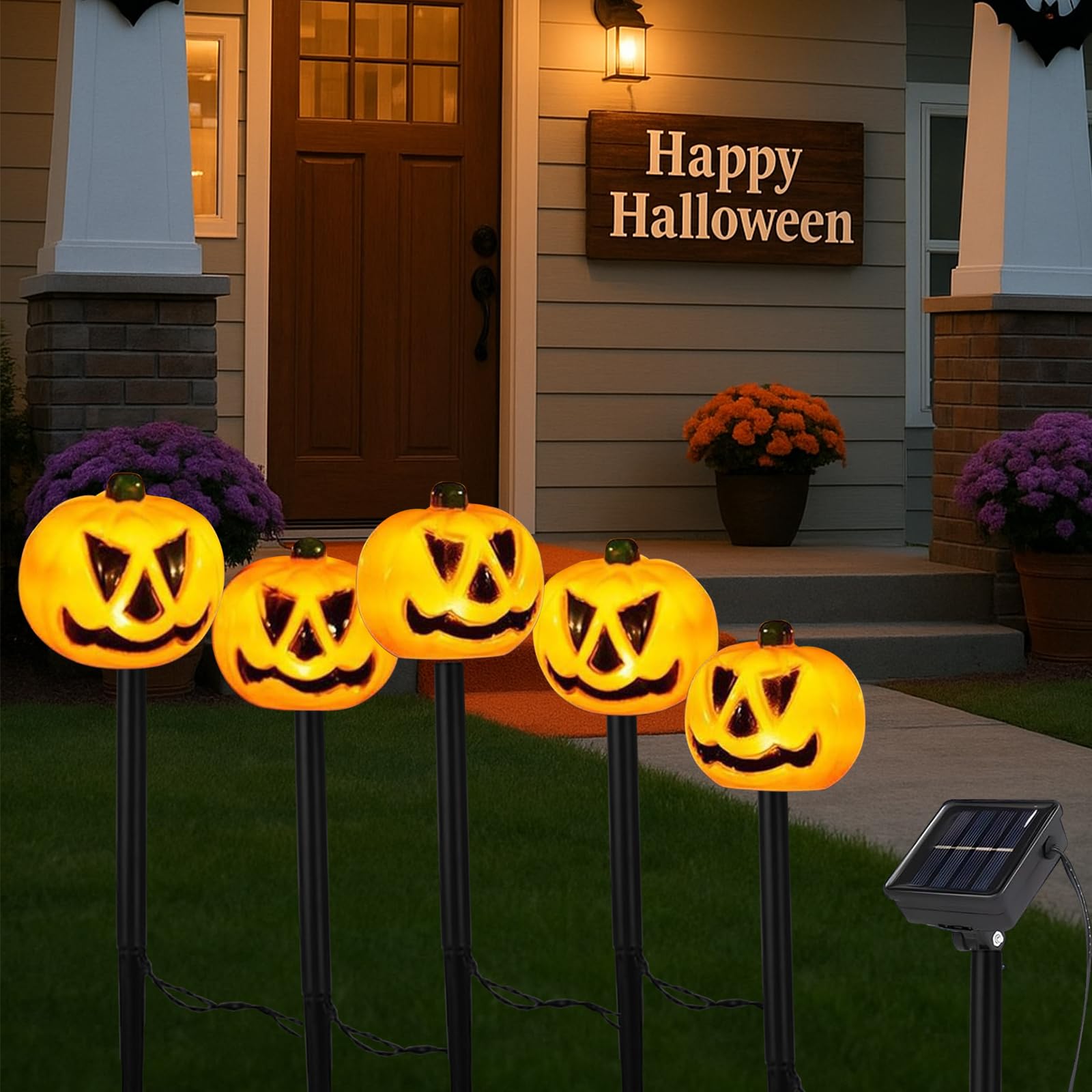 【5 in 1 ガーデンライト】：ハロウィンライト5個セット。かわいいカボチャデザインに暖かみのあるホワイトLEDライトで、ハロウィン装飾に最適です。ガーデン、玄関先、庭など屋外での使用にぴったりのパスウェイライトです。【ソーラー充電式ライ...