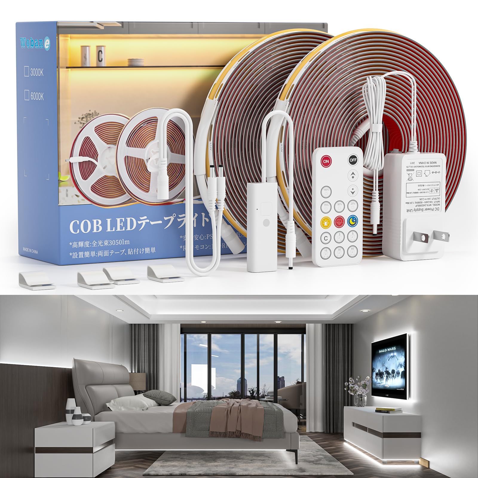 【3050lm?3200LED?均一な発光?十分明るい】弊社の LEDテープライトは演色性Ra95+、展示物をより色鮮やかに見える、全光束：3050lm、1mの基盤に320LEDチップ搭載、10M合計3200LEDチップ、十分に明るい、明る...