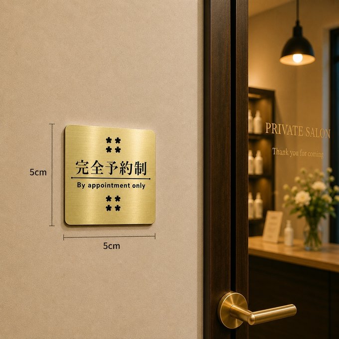 入口に貼るだけで、予約制を上品にご案内 完全予約制 ゴールドサインプレート 高級感のあるゴールドヘアライン調の表面に、 「完全予約制／By appointment only」を見やすく表示した、 レアレアオリジナルの店舗用サインプレートです...