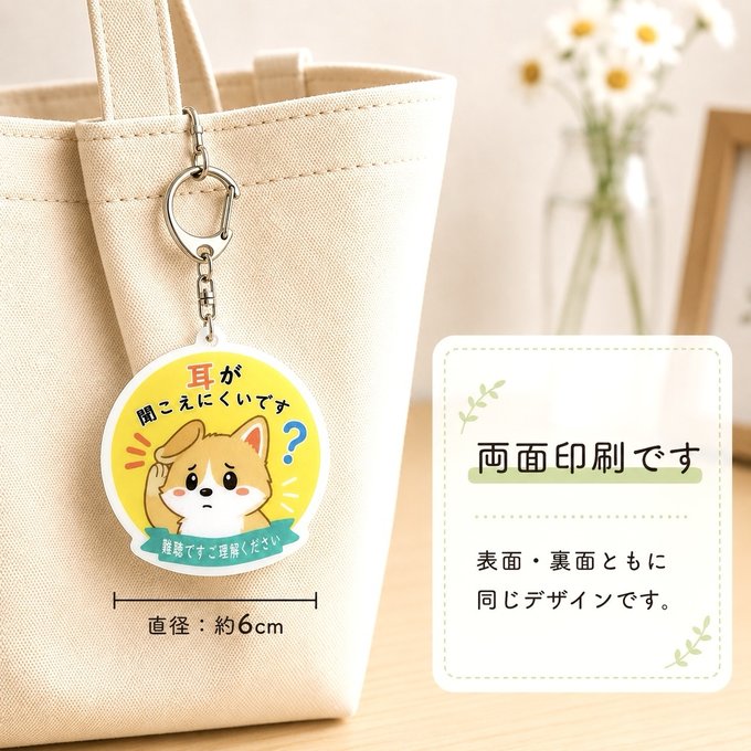 耳が聞こえにくいことを かわいい柴犬がやさしく伝える 聴覚支援アクリルキーホルダー バッグに付けるだけで、言葉にしにくい「聞こえにくさ」を周囲へ自然に伝えられます。 こんなお悩みを抱えていませんか？ ・後ろから声をかけられても気付けないこと...