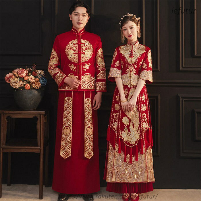中国風 結婚式 新郎 新婦 中華服 2点セット チャイナ服 衣装 礼服 チャイナ服 中国古代伝統 ウエディングドレス 中華ドレス 長袖 七分袖 鳳凰 フェニックス 牡丹 刺繍 華やか 中華 コスチューム 舞台衣装 ハロウィン衣装 コスプレ衣...