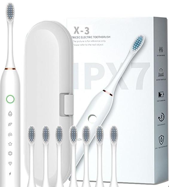 電動歯ブラシ ブラシヘッド8個付き 歯ブラシボックス付き(ホワイト) お得な替えブラシと歯ブラシ収納ケース付き！ 【ディープクリーンな歯、汚れ落とし効果5倍】電動歯ブラシは毎分42,000ストロークで、手動歯ブラシの最大5倍の効果で汚れを落...