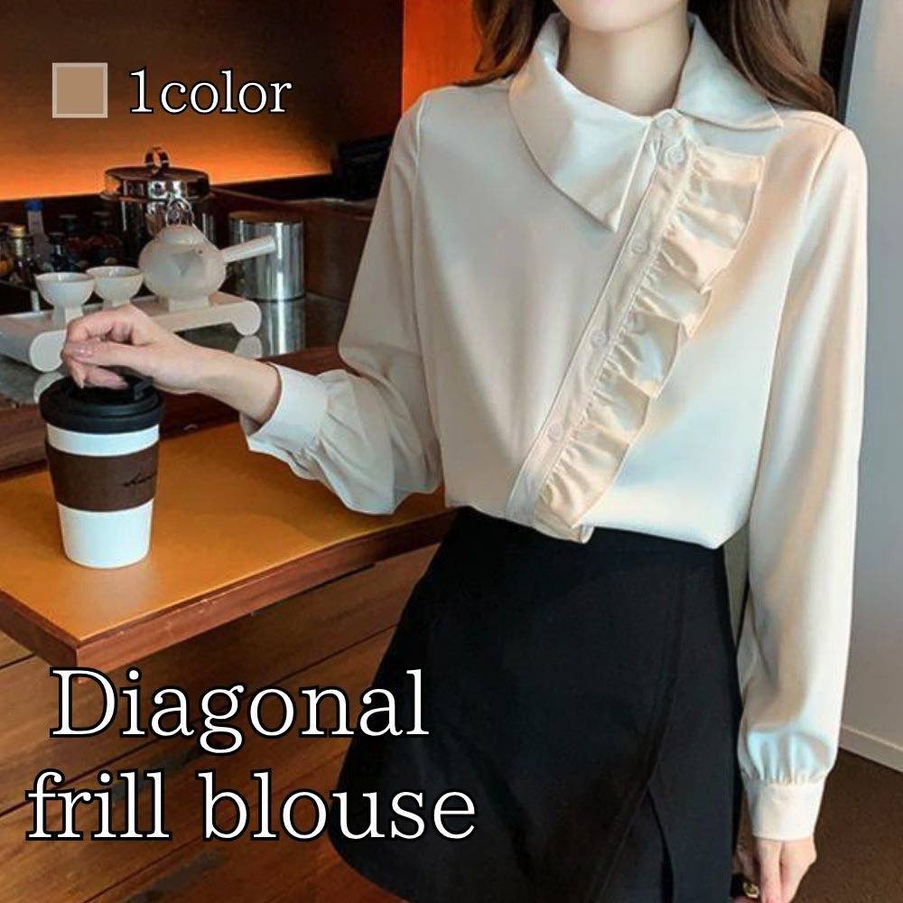 【商品名】斜めフリルブラウス【カラー】ベージュ【サイズ】S M L XL 2XL 3XL【サイズ表記】・Sサイズ:着丈59 身幅94 肩幅36 袖丈59・Mサイズ:着丈60 身幅98 肩幅37 袖丈59.5・Lサイズ:着丈61 身幅102 ...