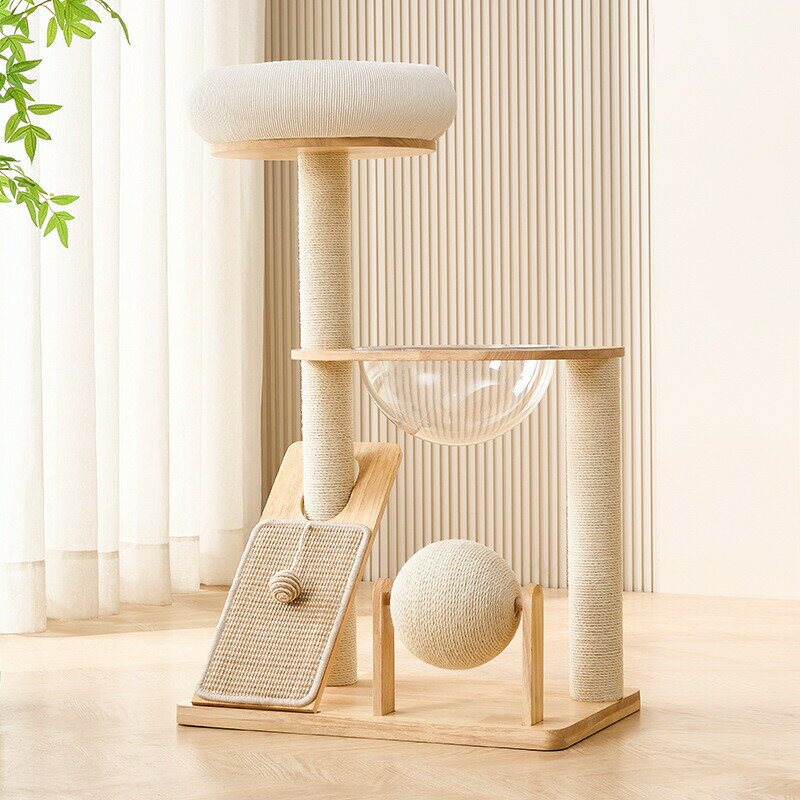 P3倍爪とぎ板＆遊びボール一体型 省スペース設計/高耐久麻ロープ/超安定構造 子猫から成猫まで 組み立て簡単 無垢材使用 猫のおもちゃ付き プレミアム猫タワー爪とぎ板＆遊びボール一体型 省スペース設計/高耐久麻ロープ/超安定構造 子猫から成...