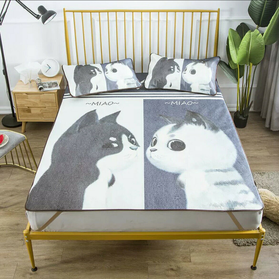 夏用冷感ベッド シート3点セット 寝具 敷パット シングルサイズ 150x200cm ．猫柄雑貨材質：ポリエステル100％枕カバーサイズ：46x72cmシートサイズ：150x200cm枕カバーx2点、シートx1点サイズの違うものもございます...