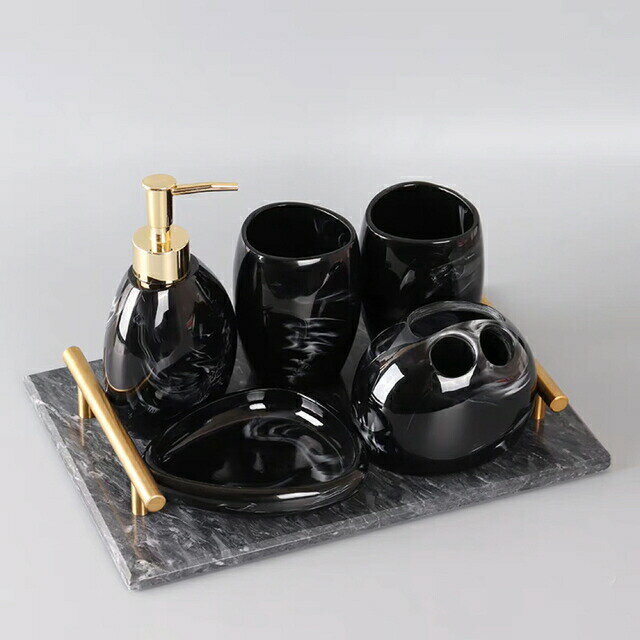 商品説明＜セット内容＞ディスペンサーx1点歯ブラシスタンドx1点石鹸置きx1点カップx2点大理石トレーx?1点材質:?ABS樹脂お客様のご覧になっているモニター等により多少色が異なる場合がございます。あらかじめご了承ください。複数ご注文の場...