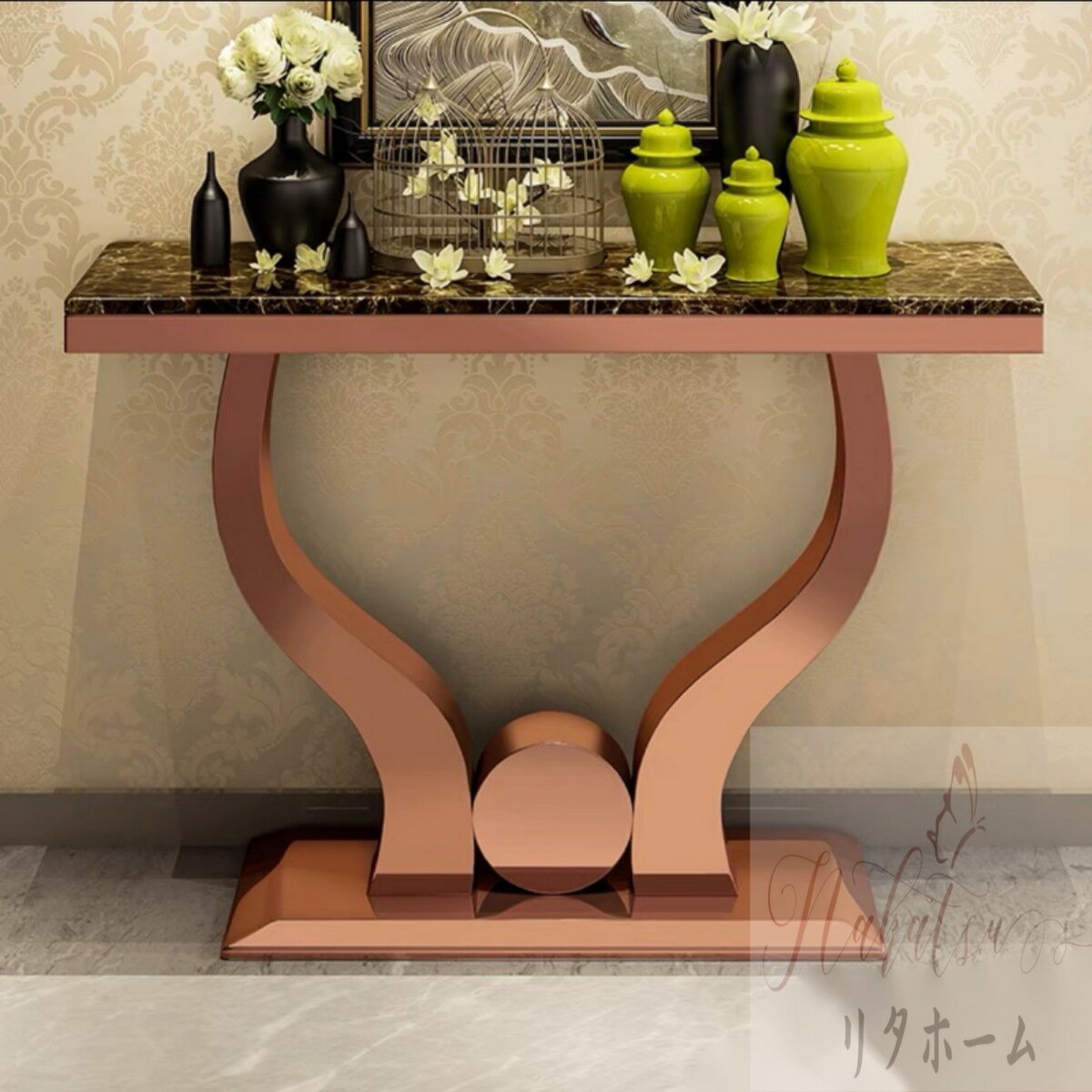 ステンレス鋼製高級サイドテーブル ．コンソールテーブル 玄関テーブル 花台 電話台 アンティーク調デザイン 幅100cmコンソールテーブル【商品仕様】本体寸法：幅100 ×奥行30 ×高さ85（cm)商品状態：新品カラー：写真通り材質：合金...