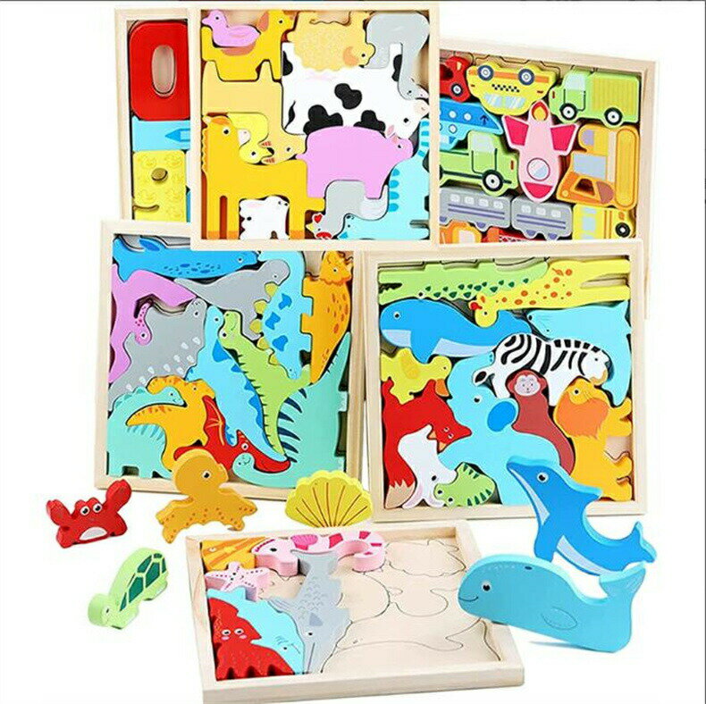 六点セットパズル：このおもちゃパズルセットは型はめタイプのパズルです。数字、動物園、農場、水族館、乗り物、恐竜を6種類のテーマ含めています。お子様は遊びの同時に様々なもの認識でき、大好きでたまらないパズルです。安全な素材：安全無毒な木材で作...