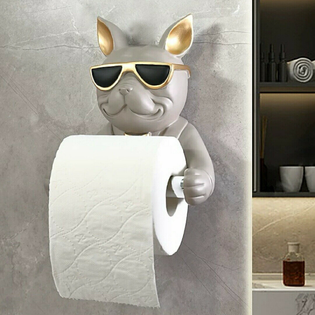 商品説明サングラスをかけたグレーのフレンチブルドッグがトイレ空間をおしゃれに演出！ユーモアと実用性を兼ね備えた、壁掛けタイプのトイレットペーパーホルダーです。タオル掛けやバッグホルダーとしても活用できるマルチな収納アイテム。シックなグレーカ...