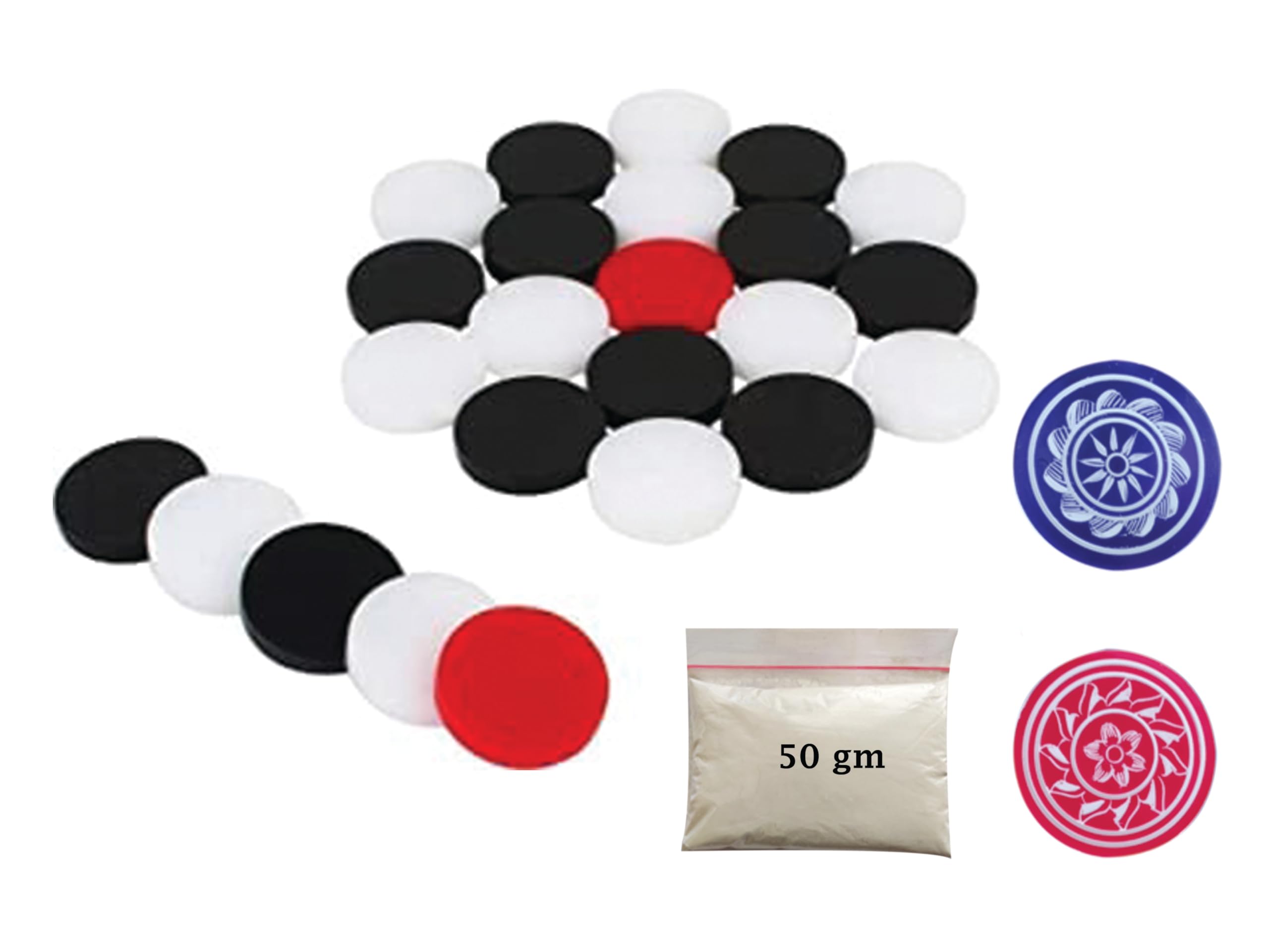 • Contents: Package contains: 24 (11 brown + 11 black + 2 red), Carrom Coins, 2 Stricker, 50 gm carrom powder; Material ...