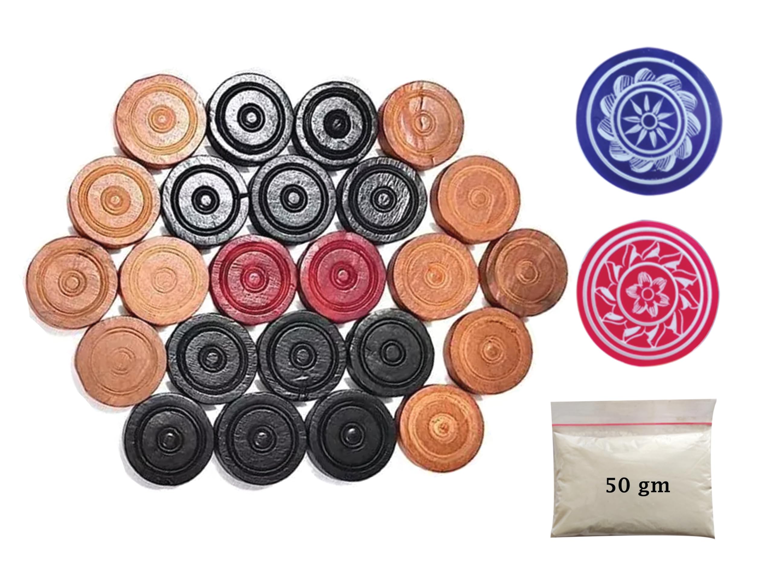 • Contents: Package contains: 24 (11 brown + 11 black + 2 red), Carrom Coins, 2 Stricker, 50 gm carrom powder; Material ...