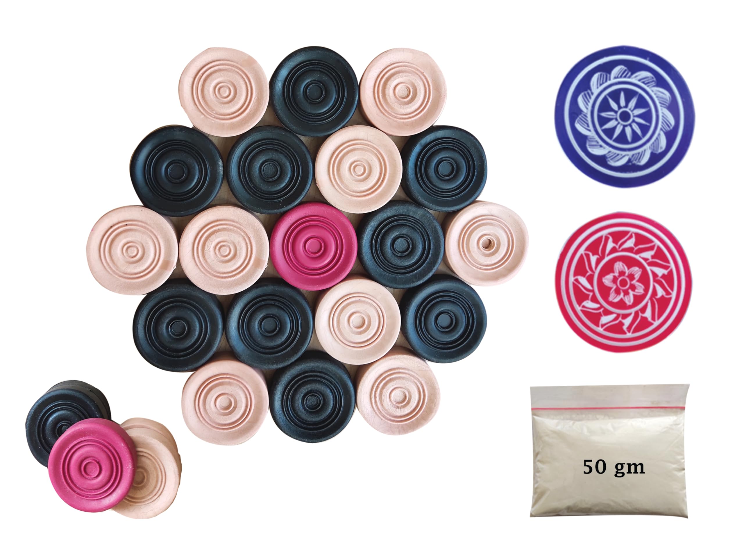 • Contents: Package contains: 24 (11 brown + 11 black + 2 red), Carrom Coins, 2 Stricker, 50 gm carrom powder; Material ...