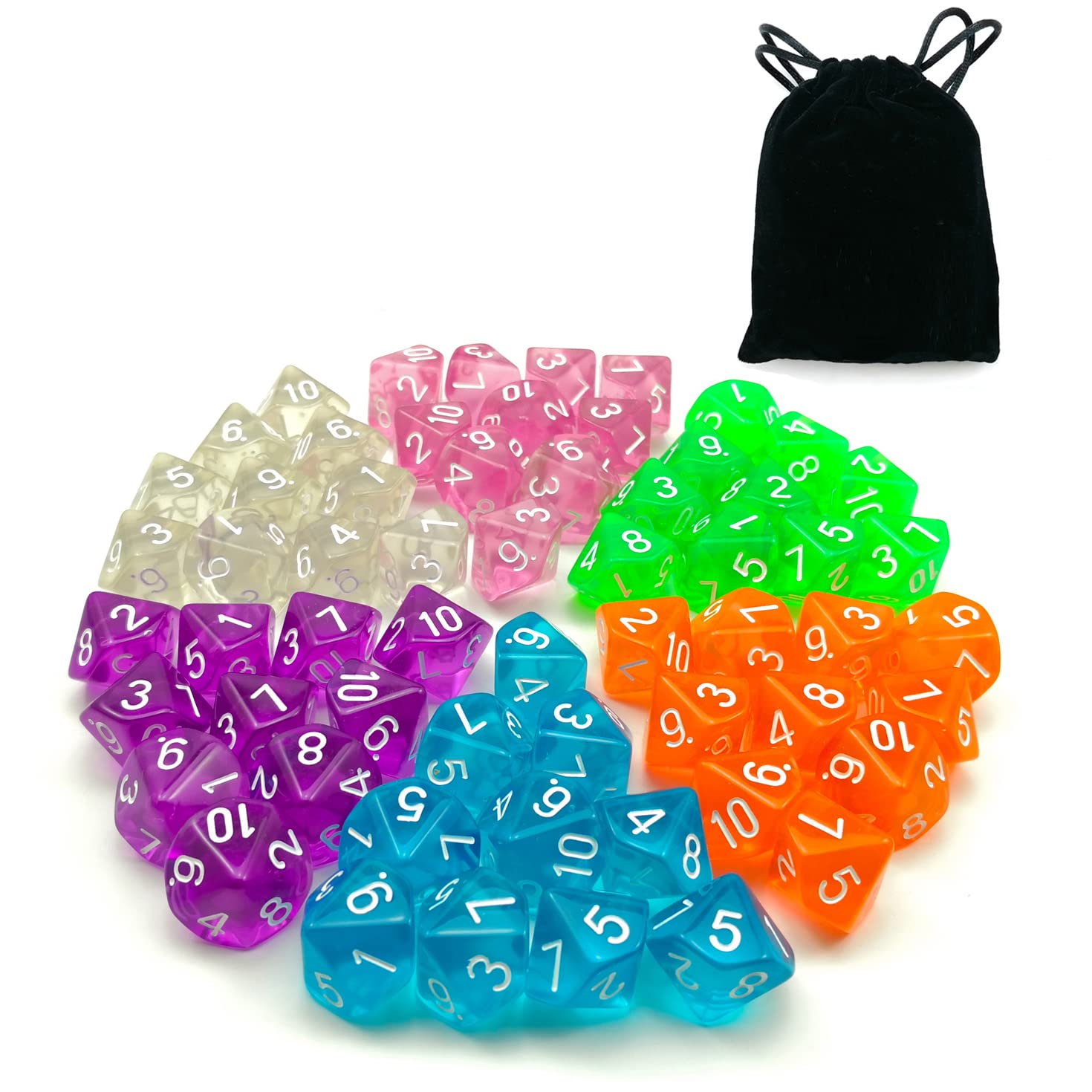 • 60pcs assorted different 6 transparent colors of D10 (with number 1-10) - Purple, Blue, Orange, Grass, Pink, Clear. Ea...