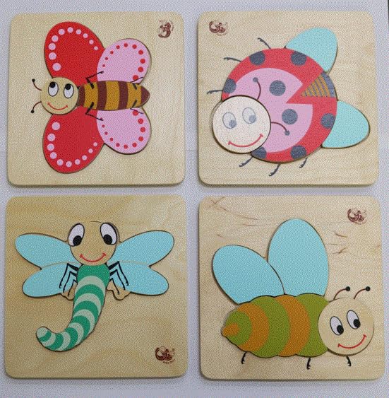 • 4種の虫の型にパズルをはめ込んで4匹の虫（蝶々、ハチ、テントウムシ、トンボ）を作ろう。 遊びながら様々な能力を身に着けることが出来ます。 目で認識して判断し、型にはめることで物と形を頭と手で把握しながらはめ込む練習が出来ます。 木製で1...