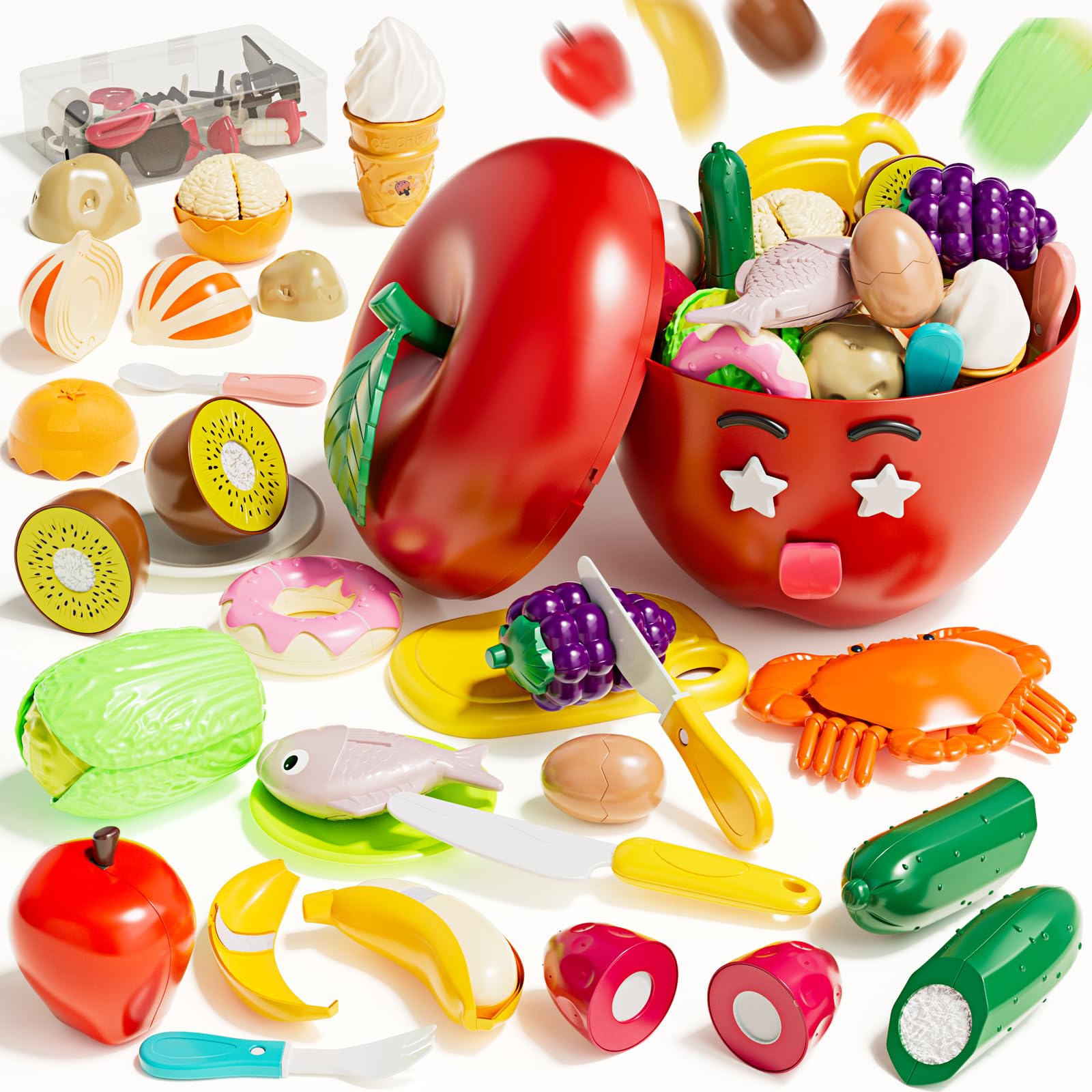 • 【豪華74点おままごとセット】このおままごとセットには、リンゴ、ミカン、ブドウ、キウイ、バナナ、ジャガイモ、キュウリ、玉ねぎ、ハクサイ、ムラサキイモ、タマゴ、カニ、サカナ、アイスクリーム、ドーナツなど、さまざまな食材が含まれています。鮮...